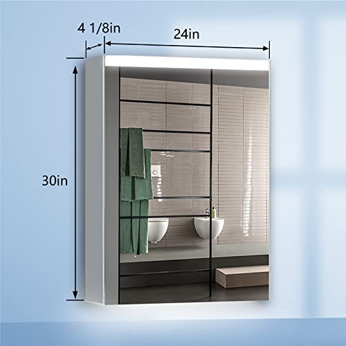 ES-DIY 24''x 30''LED Lighted Bathroom Medicine Cabinet with Mirror,Surface Lighted Medicine Cabinet,Dimmable,Adjustable Shelves,Intelligent Switch Medicine Cabinet, Aluminum Frame,Hinge On Right Side