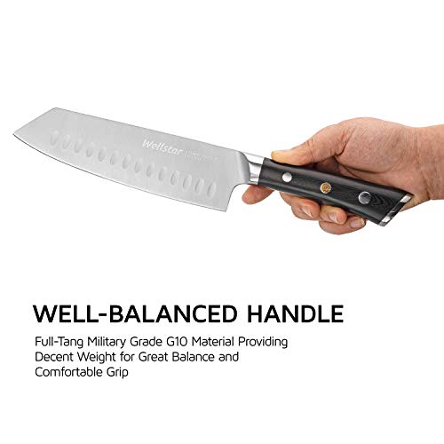 WELLSTAR Kiritsuke Chef Knife, 7 in Vegetable Meat Kitchen Knife with Razor Sharp Powder Steel Edge and Rust-resistant 304 Stainless Steel Blade Infused with Copper and Military Grade G10 Handle