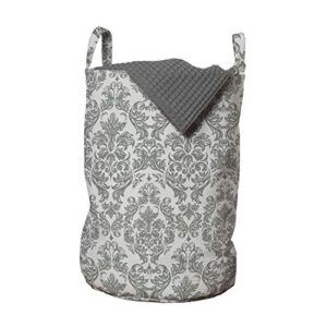 lunarable damask laundry bag, baroque style leaf blossoming pattern flowery design curves ornamental artwork, hamper basket with handles drawstring closure for laundromats, 13" x 19", grey