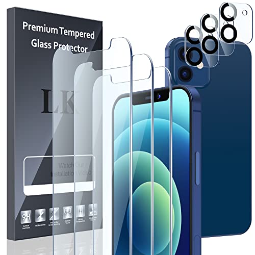 [3+3+1] LK 3 Pack iPhone 12 Screen Protector + 3 Pack Lens Protector with Alignment Frame, [9H] Tempered Glass, Scratch-Proof, Bubble-Free, Smooth Touch Screen Protector for iPhone 12, Clear, 6.1-inch