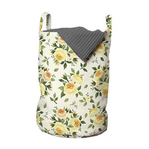 lunarable rose laundry bag, roses hybrid flora park summer european old fashioned antique design pattern, hamper basket with handles drawstring closure for laundromats, 13" x 19", yellow green beige