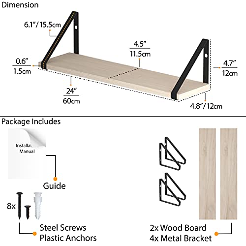 Wallniture Ponza Wood Floating Shelves for Wall Organization and Storage, 24"x4.5" Natural Bathroom Shelves Wall Mounted Set of 2