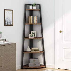 rustic 5 tier 70 inch tall corner shelf bookshelf, industrial small bookcase corner shelf stand furniture plant stand for living room, small space, kitchen, home office (rustic brown)