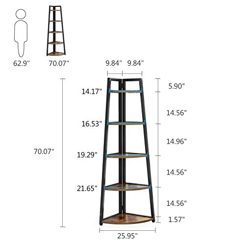 Rustic 5 tier 70 Inch Tall corner Shelf Bookshelf, Industrial Small Bookcase Corner Shelf Stand Furniture Plant Stand for Living Room, Small Space, Kitchen, Home Office (Rustic Brown)