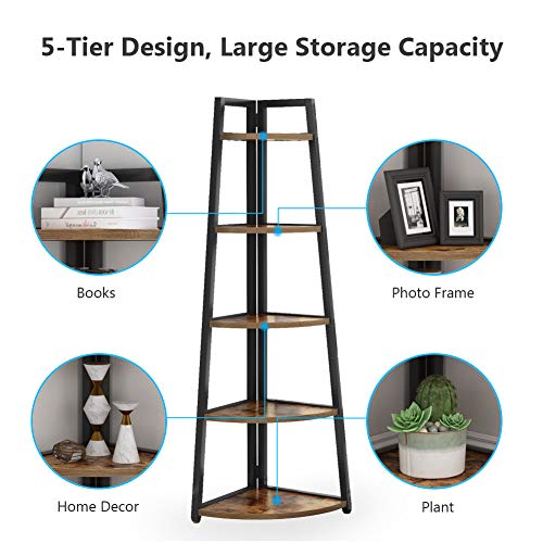 Rustic 5 tier 70 Inch Tall corner Shelf Bookshelf, Industrial Small Bookcase Corner Shelf Stand Furniture Plant Stand for Living Room, Small Space, Kitchen, Home Office (Rustic Brown)