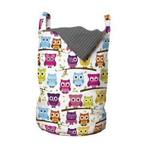 lunarable owls laundry bag, owls in the forest woodland celebration friendship togetherness themed artwork print, hamper basket with handles drawstring closure for laundromats, 13" x 19", multicolor