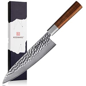 keemake japanese knife gyuto chef knife 8 inch kitchen knife, hand forged sharp knife 3 layer 9cr18mov high carbon steel cooking knife with octagonal rosewood handle