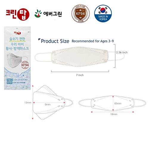 (Pack of 20) Clean Top Premium 3D Disposable White Kids KF94 Face Mask, Age 3-9 Old, 4-Layer Filters, Protective Nose Mouth Covering Dust Mask, Individual Packs, Made in Korea.