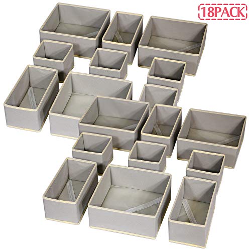 DIOMMELL Set of 18 Foldable Cloth Storage Box Closet Dresser Drawer Organizer Fabric Baskets Bins Containers Divider for Baby Clothes Underwear Bras Socks Lingerie Clothing,Grey 666