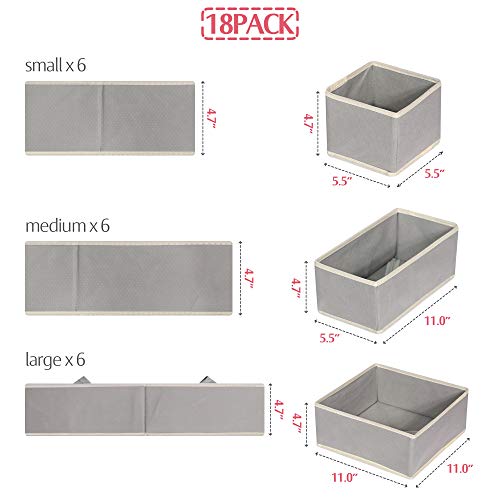 DIOMMELL Set of 18 Foldable Cloth Storage Box Closet Dresser Drawer Organizer Fabric Baskets Bins Containers Divider for Baby Clothes Underwear Bras Socks Lingerie Clothing,Grey 666