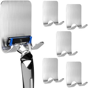 razor holder for shower, 6pcs premium shower razor holder, 304 stainless steel razor holder for shower wall, self adhesive shower hooks for kitchen bathroom, shaver holder hanger for loofah towel robe