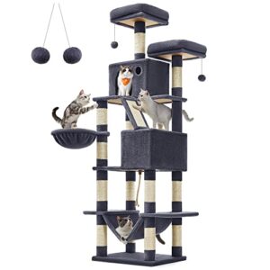 feandrea cat tree, 81.1-inch large cat tower with 13 scratching posts, 2 perches, 2 caves, basket, hammock, pompoms, multi-level plush cat condo for indoor cats, smoky gray upct190g01