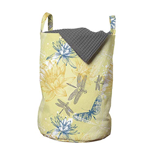 Lunarable Dragonfly Laundry Bag, Boho Style Plants and Dragonflies Sketchy Illustration, Hamper Basket with Handles Drawstring Closure for Laundromats, 13" x 19", Petrol Blue Yellow