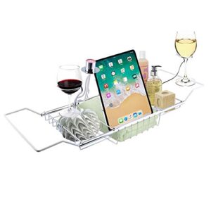 bathtub caddy tray, stainless steel shower bathtub caddy storage organizer over bathtub racks expandable bath organizer tub shelf with extending sides and removable wine glass book holder