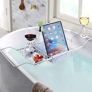 Bathtub Caddy Tray, Stainless Steel Shower Bathtub Caddy Storage Organizer Over Bathtub Racks Expandable Bath Organizer Tub Shelf with Extending Sides and Removable Wine Glass Book Holder