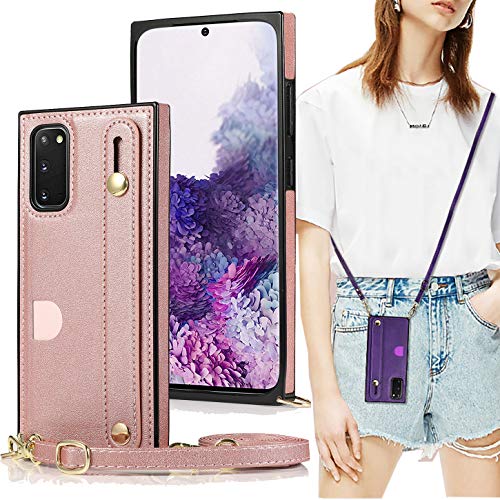 Samsung Galaxy Note 20 Wallet Case,ZYZX Removable Adjustable Leather Strap Crossbody Card Holders Case Neck Strap Lanyard Purse Shoulder Strap w/Kickstand Case for Samsung Galaxy Note 20 KB Rose Gold