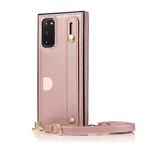 Samsung Galaxy Note 20 Wallet Case,ZYZX Removable Adjustable Leather Strap Crossbody Card Holders Case Neck Strap Lanyard Purse Shoulder Strap w/Kickstand Case for Samsung Galaxy Note 20 KB Rose Gold