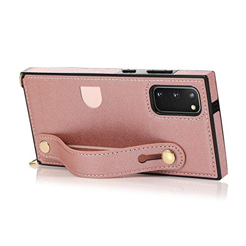 Samsung Galaxy Note 20 Wallet Case,ZYZX Removable Adjustable Leather Strap Crossbody Card Holders Case Neck Strap Lanyard Purse Shoulder Strap w/Kickstand Case for Samsung Galaxy Note 20 KB Rose Gold