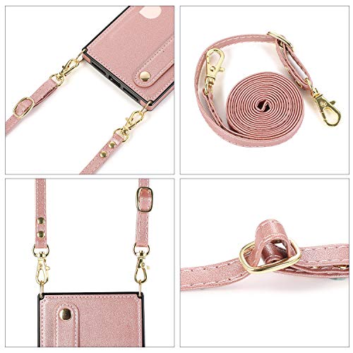 Samsung Galaxy Note 20 Wallet Case,ZYZX Removable Adjustable Leather Strap Crossbody Card Holders Case Neck Strap Lanyard Purse Shoulder Strap w/Kickstand Case for Samsung Galaxy Note 20 KB Rose Gold