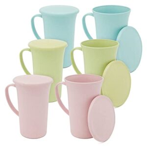 wheat straw mugs with handle, set of 6 unbreakable coffee cups with lids (3 colors, 15 oz)