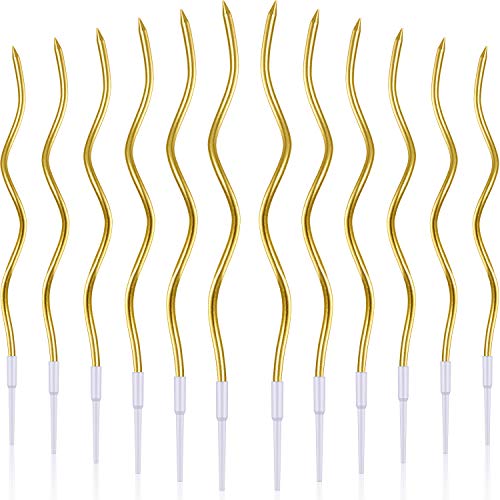 12 Pcs Twisty Birthday Candles Long Spiral Cake Candles Metallic Cake Cupcake Candles Long Thin Coil Cake Candles with Holders for Birthday Wedding Party Cake Decoration (Gold)