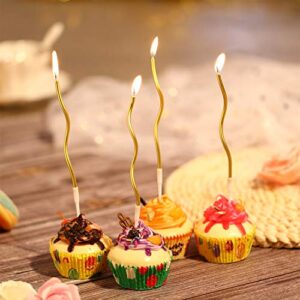 12 Pcs Twisty Birthday Candles Long Spiral Cake Candles Metallic Cake Cupcake Candles Long Thin Coil Cake Candles with Holders for Birthday Wedding Party Cake Decoration (Gold)