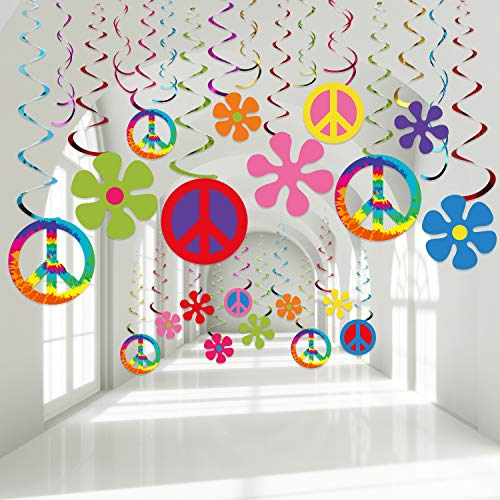 60's Hippie Theme Party Foil Swirl Decorations, 60s Groovy Party Retro Flower Cutouts Peace Sign Hanging Swirls Ceiling Decorations for 60s Hippie Theme Groovy Party Supplies, 30 Count (Simple)