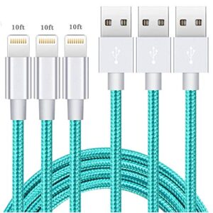 iphone charger 10ft 3pack mfi certified long lightning cable nylon braided usb charging/data sync cord compatible with iphone 13 12 11/x xs xr/8 7 6 6s plus/se/5 5c 5s,ipad pro air mini 5 4 3 (blue)