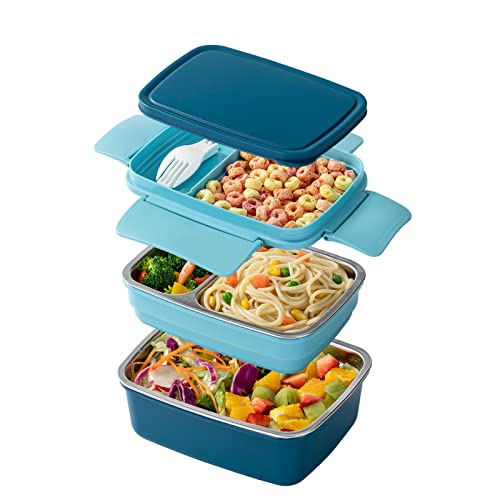 Freshmage Stainless Steel Bento Box Adult Lunch Box, Leakproof Stackable Large Capacity Dishwasher Safe Lunch Container with Divided Compartments, Blue