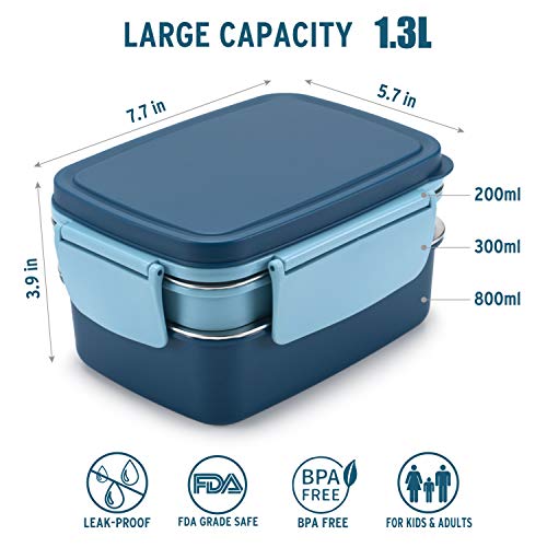 Freshmage Stainless Steel Bento Box Adult Lunch Box, Leakproof Stackable Large Capacity Dishwasher Safe Lunch Container with Divided Compartments, Blue