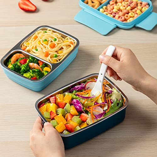 Freshmage Stainless Steel Bento Box Adult Lunch Box, Leakproof Stackable Large Capacity Dishwasher Safe Lunch Container with Divided Compartments, Blue