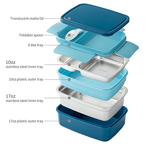 Freshmage Stainless Steel Bento Box Adult Lunch Box, Leakproof Stackable Large Capacity Dishwasher Safe Lunch Container with Divided Compartments, Blue