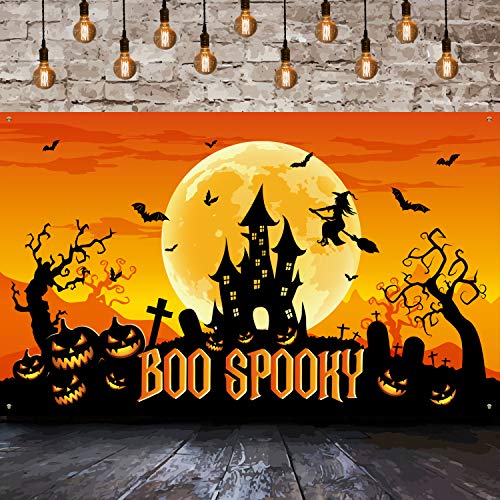 Halloween Party Decorations, Large Fabric Halloween Backdrop Boo Spooky Banner Orange Night Moon Pumpkin Castle Witch Photo Booth Background for Scary Halloween Party Supplies, 6 x 3.6 ft