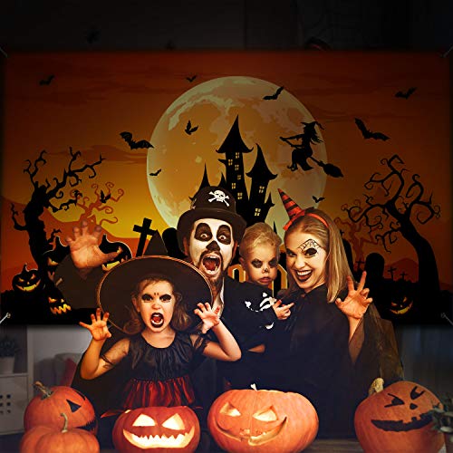 Halloween Party Decorations, Large Fabric Halloween Backdrop Boo Spooky Banner Orange Night Moon Pumpkin Castle Witch Photo Booth Background for Scary Halloween Party Supplies, 6 x 3.6 ft