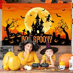 Halloween Party Decorations, Large Fabric Halloween Backdrop Boo Spooky Banner Orange Night Moon Pumpkin Castle Witch Photo Booth Background for Scary Halloween Party Supplies, 6 x 3.6 ft