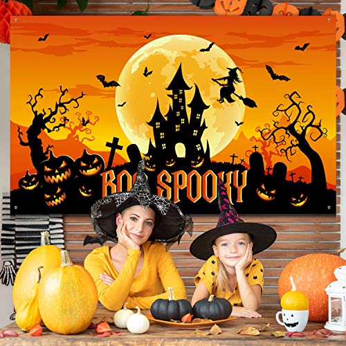 Halloween Party Decorations, Large Fabric Halloween Backdrop Boo Spooky Banner Orange Night Moon Pumpkin Castle Witch Photo Booth Background for Scary Halloween Party Supplies, 6 x 3.6 ft