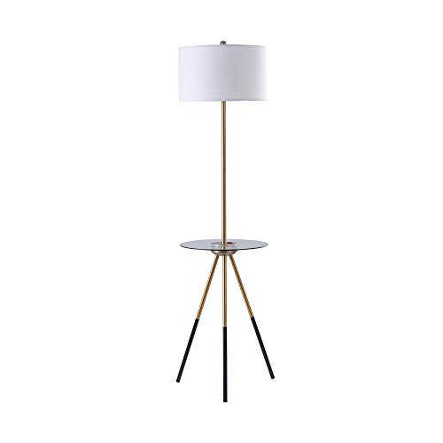 Teamson Home Modern Reading Tripod Floor Lamp Standing Light with USB Port and Glass Table White Shade Black Finish