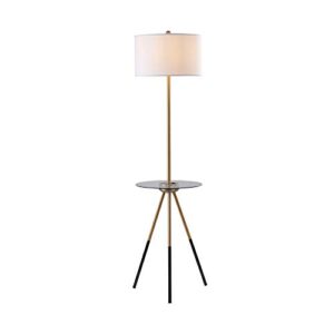 Teamson Home Modern Reading Tripod Floor Lamp Standing Light with USB Port and Glass Table White Shade Black Finish