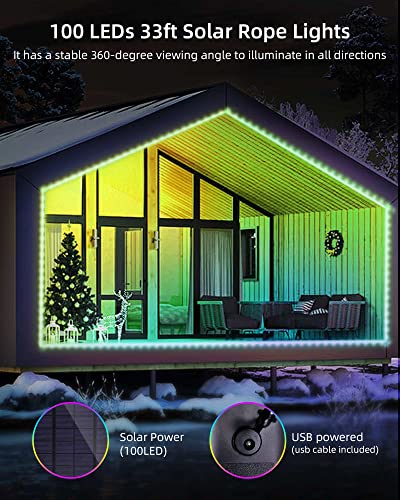 LOGUIDE Solar Rope Lights 33ft 11 Colors Changing Outdoor 100 LED Remote Twinkle Rope Tube Fairy Lights Rope Tube Lights Christmas Wedding Party Yard Waterproof(Rope Lights Multicolor)