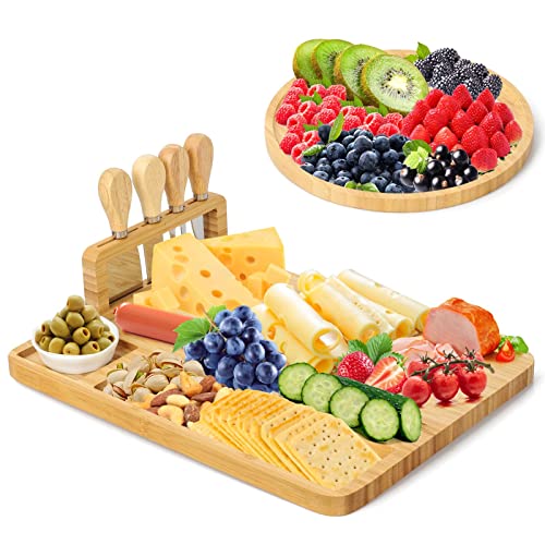 Bamboo Cheese Board and Knife Set - Charcuterie boards Bamboo Wood Cutting Platter and Cheese Serving Tray for Wine, Crackers,Brie, Fruits, Bread and Meat