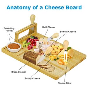 Bamboo Cheese Board and Knife Set - Charcuterie boards Bamboo Wood Cutting Platter and Cheese Serving Tray for Wine, Crackers,Brie, Fruits, Bread and Meat