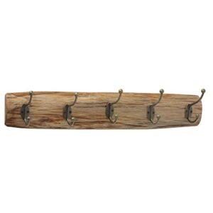 whw whole house worlds rustic 5 hook coat rack, wall mounted, oak wood plank with tarnished brass ad black finish, iron hooks, 4 deep x 21.75 long x 4 tall inches bark-peeled finish,