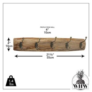 WHW Whole House Worlds Rustic 5 Hook Coat Rack, Wall Mounted, Oak Wood Plank with Tarnished Brass ad Black Finish, Iron Hooks, 4 Deep x 21.75 Long x 4 Tall Inches Bark-Peeled Finish,