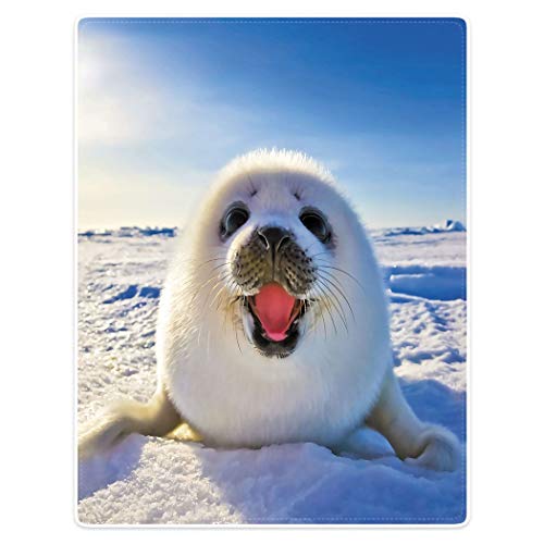 HommomH 60"x80" Blanket Soft Fluffy Flannel Fleece Throw White Cute Seal