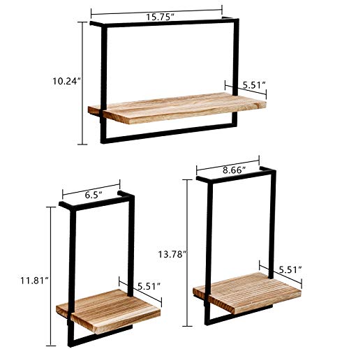 WELLAND Modern Floating Shelves, Metal Frame Rustic Wood Shelves, Home Decor Hanging Wall Mounted Display Organizing Shelf for Living Room, Bedroom, Office, Bathroom, Set of 6