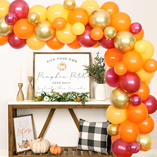 100 Fall Themed Balloon Garland Arch Kit - Burgundy Orange Golden Latex Balloons with Balloon for Autumn Pumpkin Thanksgiving Day Baby Shower Wedding Birthday Party Decorations