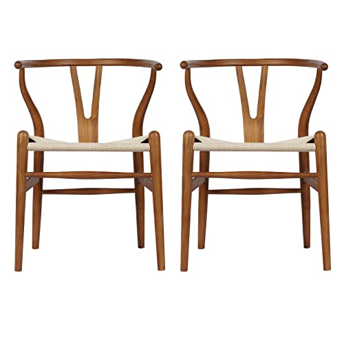 VODUR Wishbone Chair Natural Solid Wood Dining Chair/Hans Wegner Y-Shaped Backrest Hemp Seat Dining Room Chairs Set of 2, Mid-Century Rattan Dining Chair in Walnut (Ash Wood - Walnut)