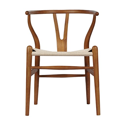 VODUR Wishbone Chair Natural Solid Wood Dining Chair/Hans Wegner Y-Shaped Backrest Hemp Seat Dining Room Chairs Set of 2, Mid-Century Rattan Dining Chair in Walnut (Ash Wood - Walnut)