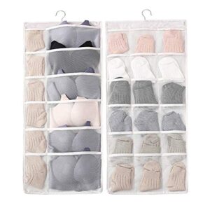 home closet hanging organizer mesh pockets dual sided wall shelf wardrobe storage bags for bra underwear socks jewelry gadget included 2 hooks 2 clothes hanger connector hooks (beige, 30 pocktes)