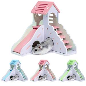 Felenny Wooden Hamster House Hamster Hideout Hut with Stairs & Slide Durable Exercise Toys DIY Assemble Deluxe Dual-Layer Villa Small Pet Play House for Squirrel Hedgehog Chinchilla (Pink)